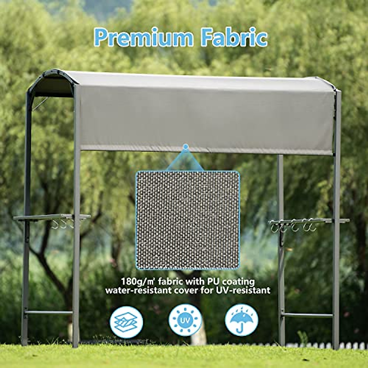 Durx-litecrete BBQ Grill Gazebo with Weather-Resistant Sunshade,7x5 Grill Canopy for Outdoor with Serving Shelf and Hooks, Steel Construction Grill Shelter for Backyard/Patio