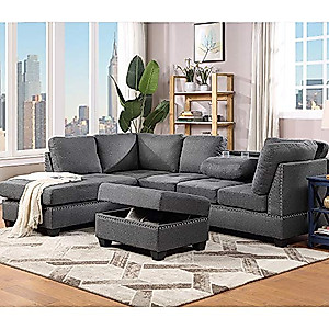 Reversible Modular Sectional Sofa,Longue Chaise,Rivet Ornament L-Shape Corner 5-Seat Couch Upholstered Sofá with Storage Ottoman&2 Cup Holders for Living Room Furniture Sets
