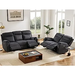 LARMACE Power Recliner Sofa and Loveseat Set Upholstered 2 Piece Reclining Couch with Overstuffed Armrest and Backrest Electric Recliner Sofa Couch Sets for Living Room, Dark Grey