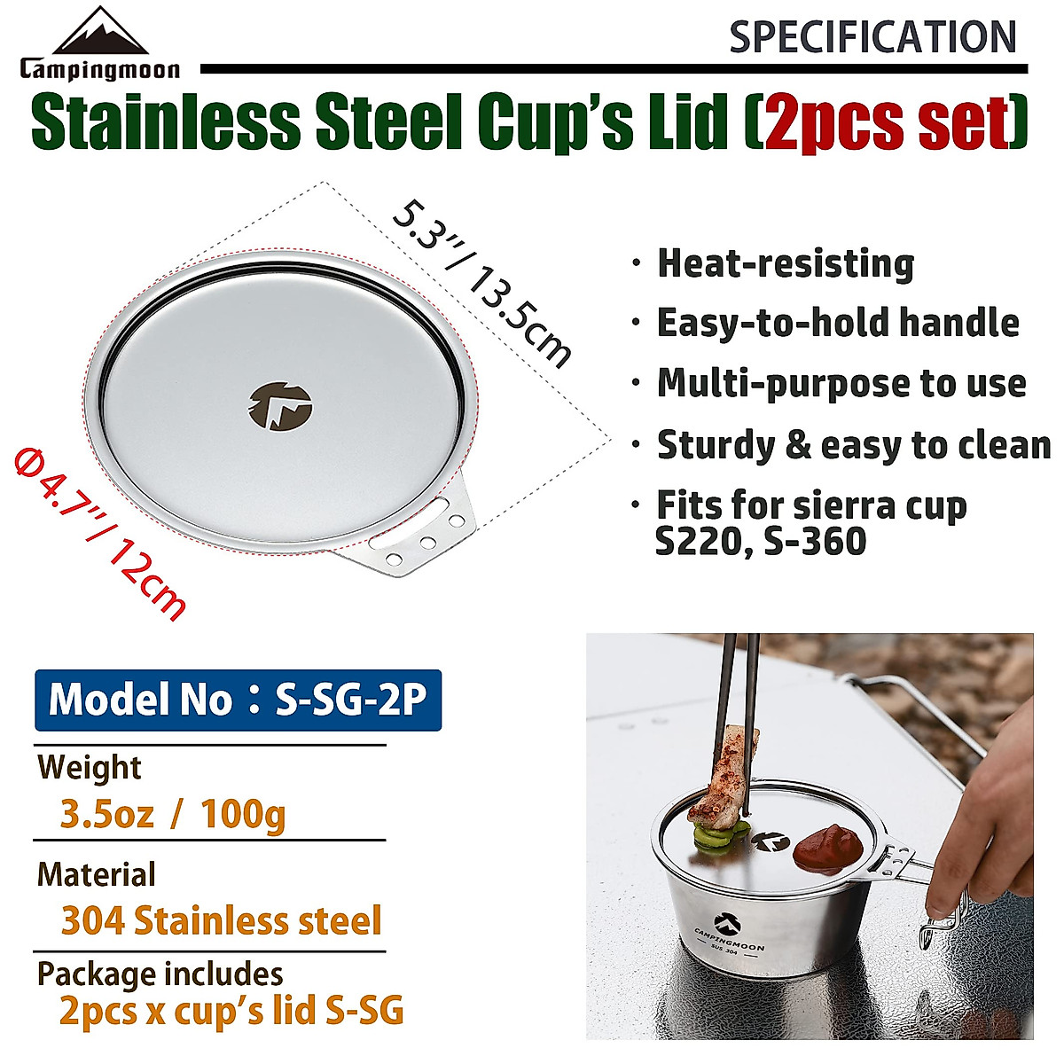 CAMPINGMOON 304 Stainless Steel Plate Lid for Sierra Cup φ12cm S-SG (2pcs set)