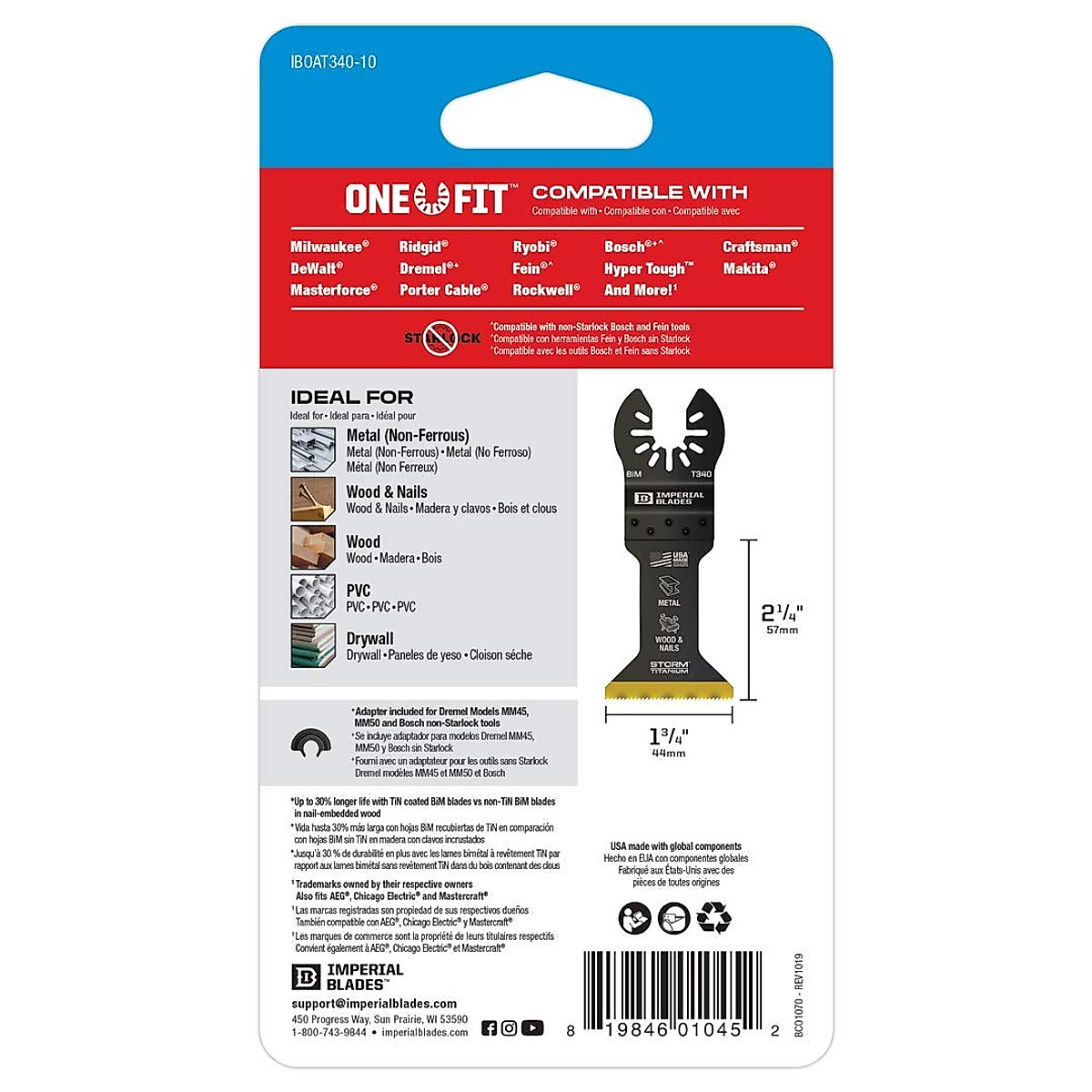 Imperial Blades IBOAT340-10 One Fit 1-3/4" Multi-Material Storm Titanium Metal/Wood Blade, 10PC
