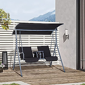 Outsunny 2 Person Porch Swing with Stand, Outdoor Swing with Canopy, Pivot Storage Table, 2 Cup Holders, Cushions for Patio, Backyard, Gray