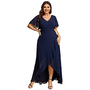 Ever-Pretty Plus Women's V Neck Ruffle Hem Short Sleeves A-line Plus Size Wedding Guest Dress Navy Blue US20