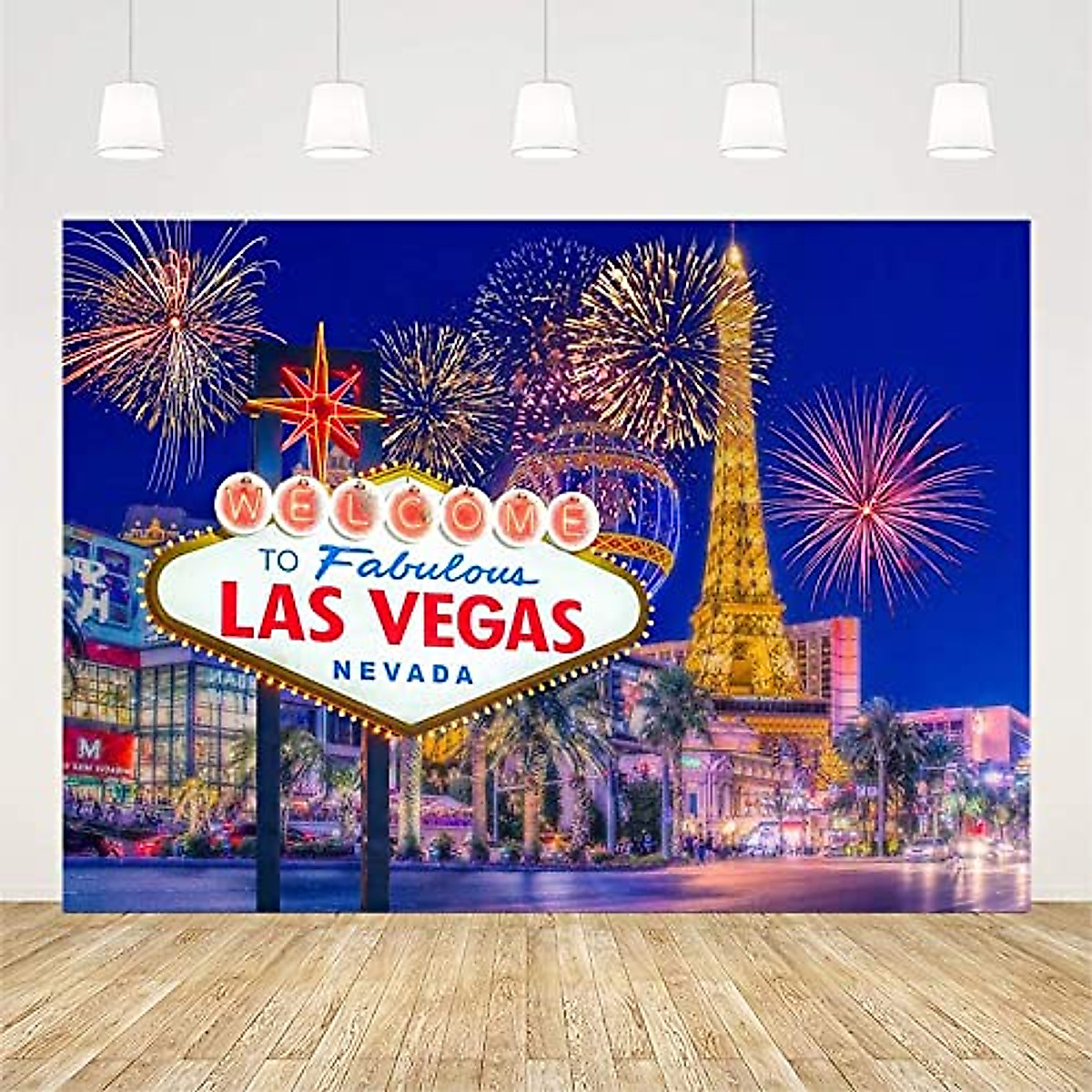 Sendy 7x5ft Welcome to Las Vegas Photo Photography Backdrop Night City Birthday Party Decorations Casino Poker Fireworks Movie Theme Banner Background Prom Ceremony Baby Shower Props, One Size