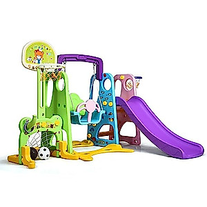 6 in 1 Toddler Swing and Slide Set, Kids Large Climber Slide Playset with Basketball Hoop, Football Gate and Golf Hole, Playground Swing Set for Indoor Outdoor Backyard 3-10 Gifts Presents