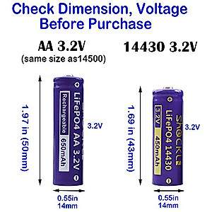 (3- Pack) Shockli AA 3.2 Volts LiFePo4 650mAh Rechargeable Battery, Lithium Iron Phosphate 3.2V Solar Batteries - Ideal for Solar Garden Light
