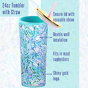 Lilly Pulitzer Double Wall Tumbler with Lid and Reusable Straw, Insulated Travel Cup Holds 24 Ounces, Soleil It On Me