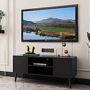 Yusong Retro TV Stand for 55 Inch TV, Entertainment Centers for Living Room Bedroom, Wood TV Bench Table TV Console TV Cabinet with 2 Storage Cabinets and Open Shelves, Black