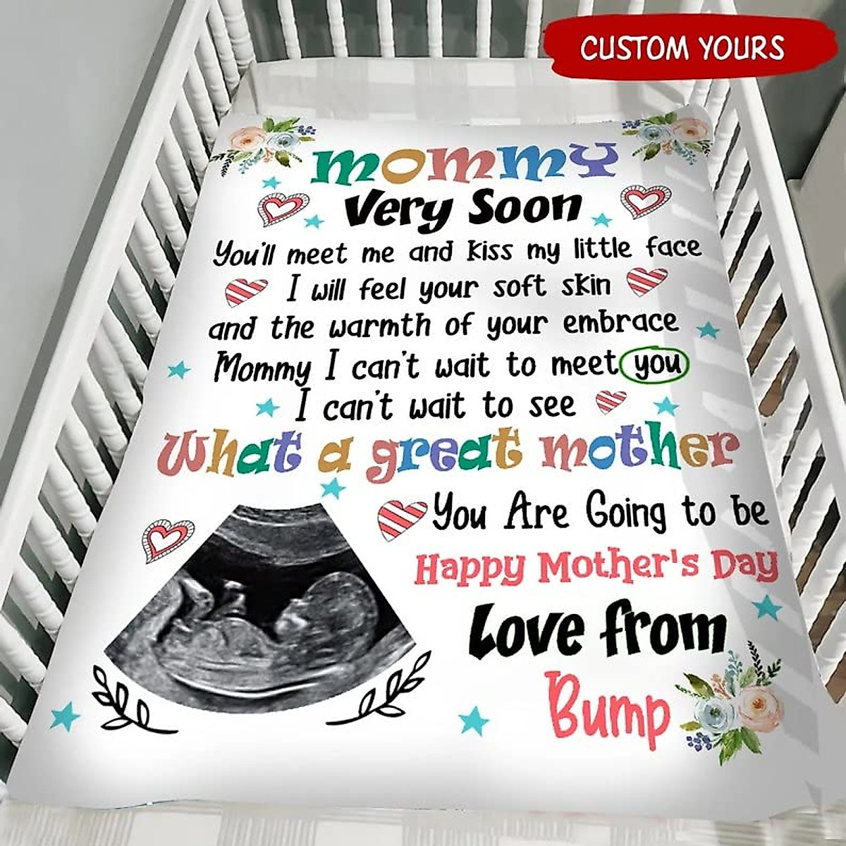 Mommy Happy Mother’s Day from The Bump, Personalized Pregnancy Announcement Blanket, Custom Sonogram Photo Upload Gift for New Mom