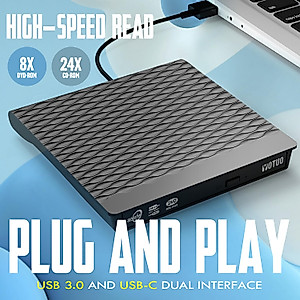 YOTUO External DVD Drive for USB 3.0 Type C, Portable DVD Write CD Burner RW ROM Optical Drive Player Reader Disk Disc with Laptop Desktop PC Windows 11/10/8/7, Mac Pro/Air MacBook, Linux (SY-IDD023)