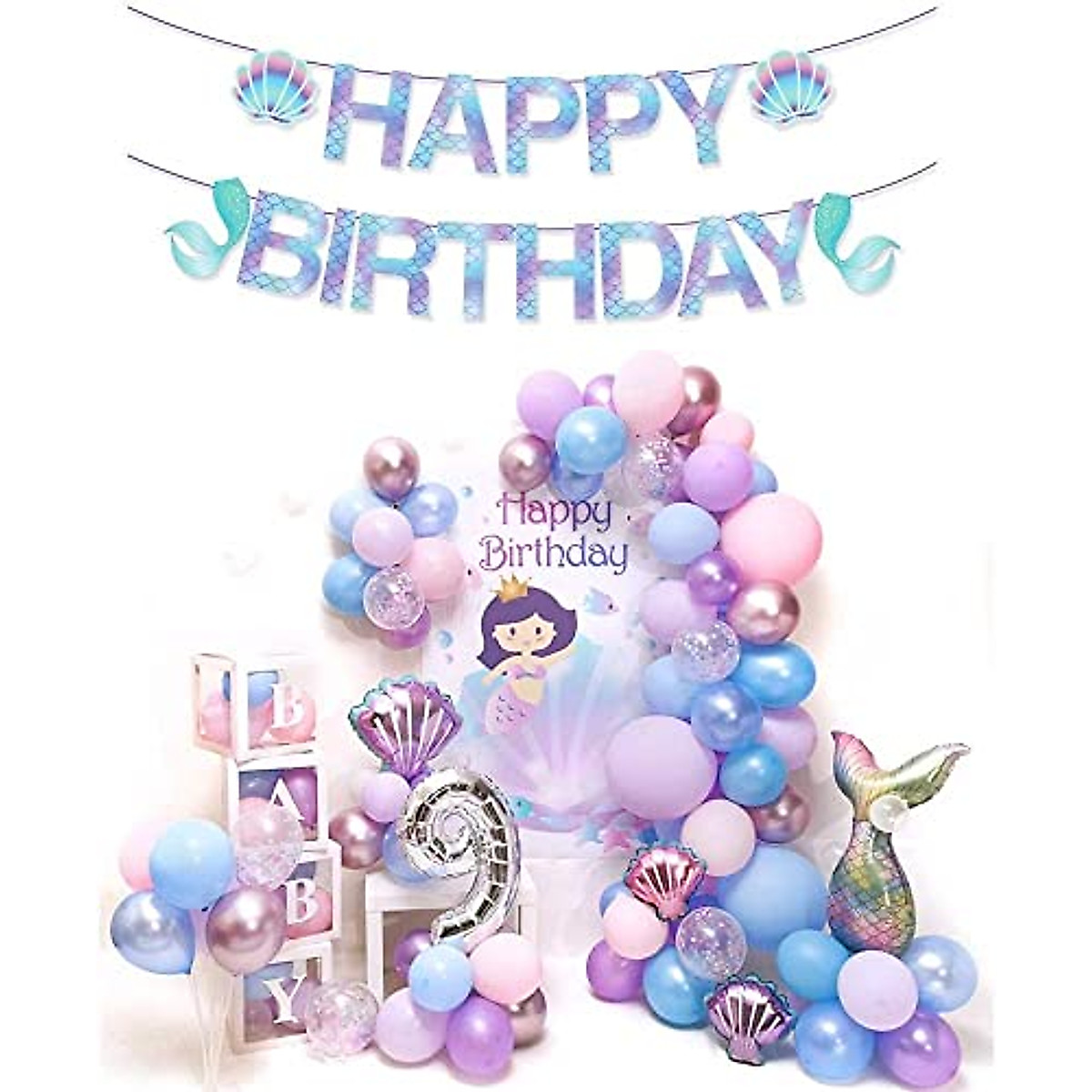 Happy Birthday Banner Mermaid Pre-assembled, Mermaid Birthday Decoration for Girls, Mermaid Party Supplies for Mermaid/Under The Sea Animal Themed Birthday Party, Baby Shower