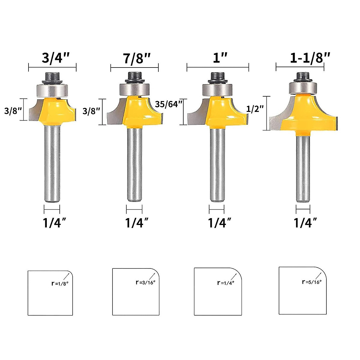 TOTOWOOD Roundover Router Bit Set，4pcs Router bit Set，1/4 inch Shank，Radius in 1/8", 1/4", 3/16", 5/16"，Bearing Guide for Rounding Edge bit