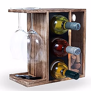 Rustic State Rias Countertop Wood Wine Rack for 3 Bottles and 2 Stemware Glass Holder Cork Storage Tabletop Tray Freestanding Organizer - Home, Kitchen, Dining Room Bar Décor - Burnt Brown