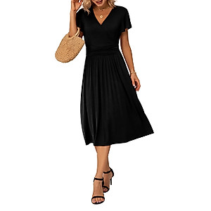 GRECERELLE Summer Dress for Women, Casual Short Sleeve Black Dresses, Wrap V-Neck Party Dress(X-Large, Black)