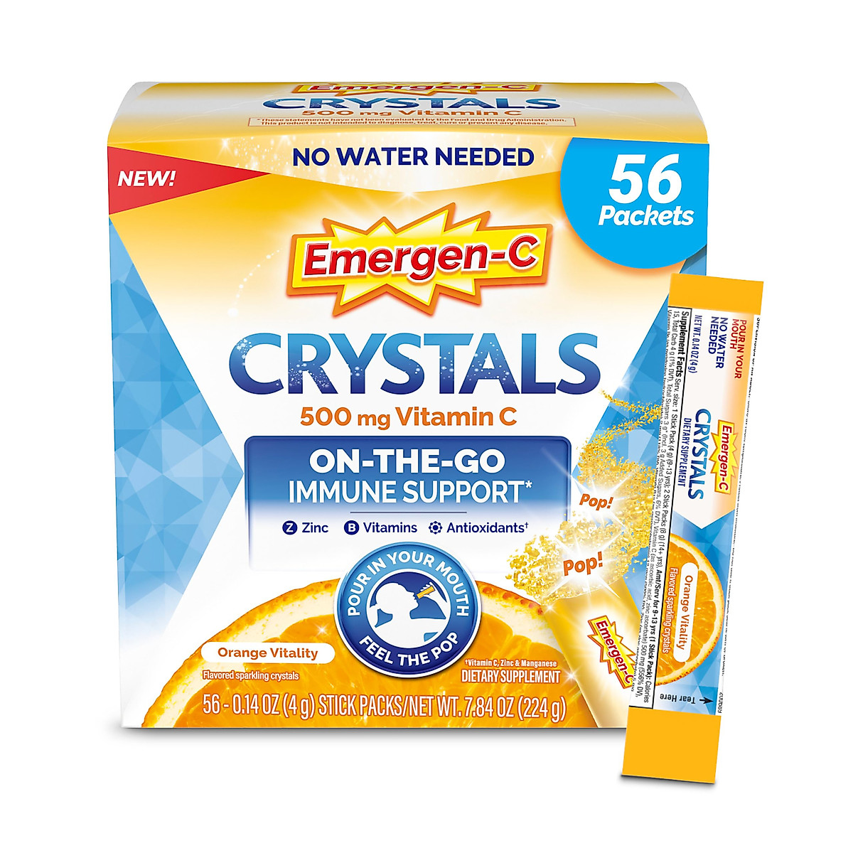 Emergen-C Crystals, On-The-Go Immune Support Supplement with Vitamin C, B Vitamins, Zinc and Manganese, Orange Vitality - 56 Stick Packs