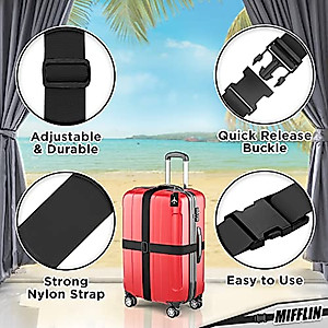 Luggage Straps w/Name Tags (Black, 73.6" Long, 2 Inches Wide, 2 Pack), Adjustable Nylon Belt for Travel Suitcases & Bags by Mifflin-USA