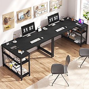 EnHomee 47" Computer Desk with Power Outlets,L Shaped Desk with Storage Shelves,Home Offic Corner Desk for Work,Writing Study Desk with Gaming Desk for Bedroom Office Dorm,Black