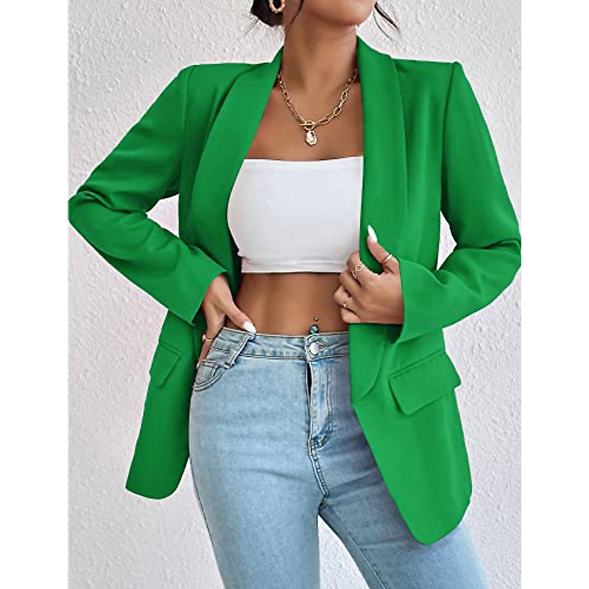 Perbai Women's Long Sleeve Open Front Blazer Casual Shawl Collar OL Work Office Suit Jacket(Green-XS)