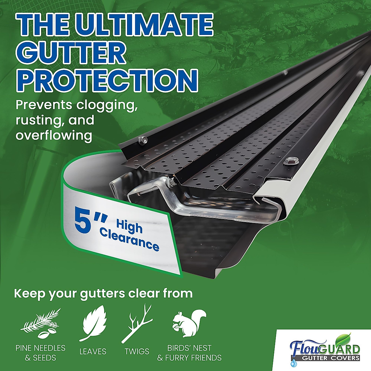 FlowGuard High Clearance Premium 50-Year Gutter Cover System - Thermal Thaw Black 5 Inch Aluminum Gutter Guards, 102 Feet - by FlexxPoint