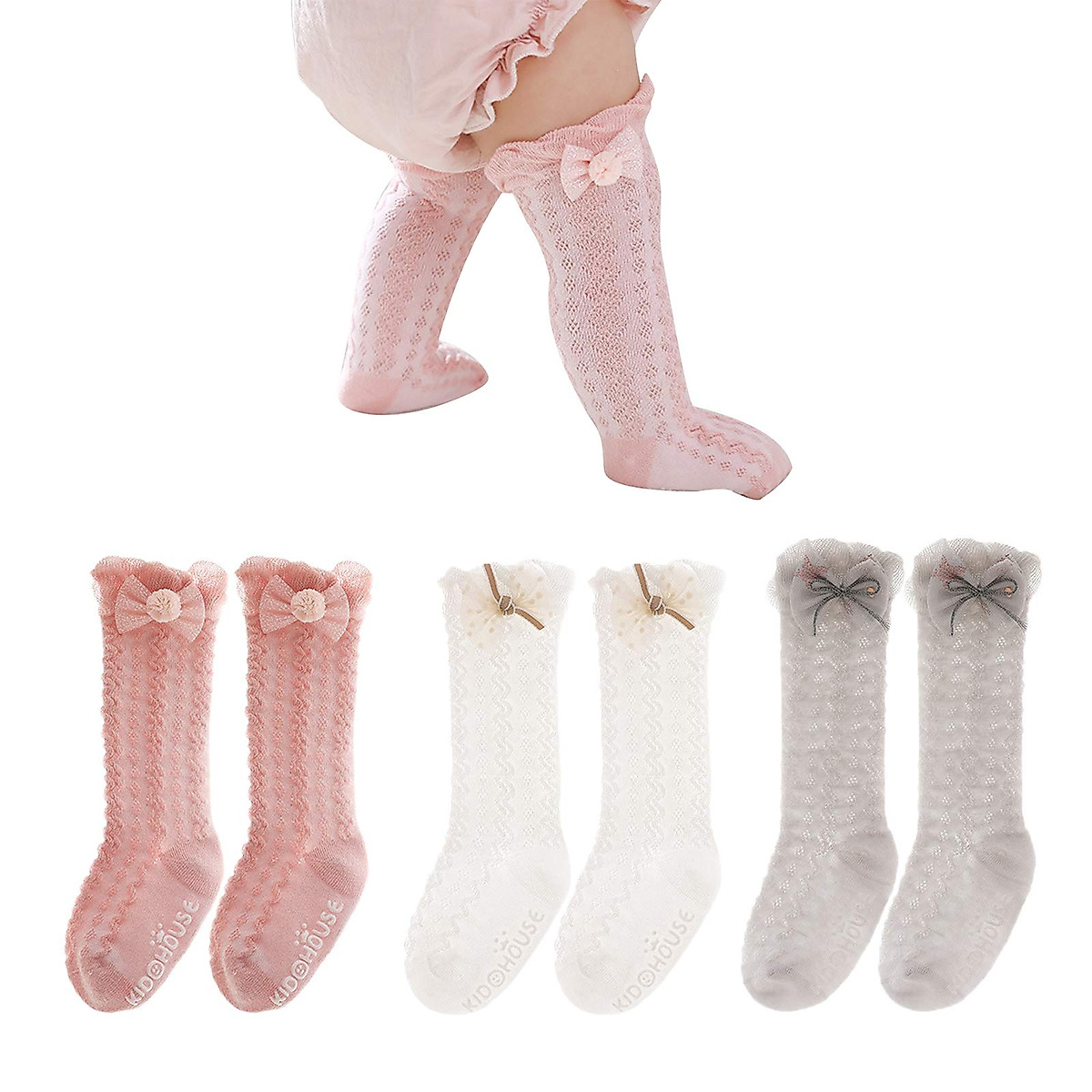 Apone Fatu Baby Knee High Socks Non Slip Grip Ankle Socks Ruffled Long Stockings for Infants Toddlers Kids Boys Girls (as1, age, 0_month, 6_months, Pink/White/Gray)
