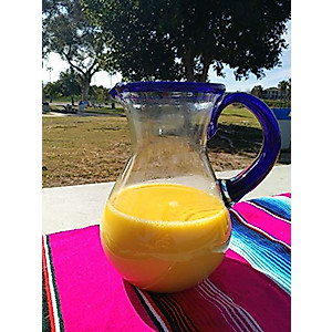 Mexican Hand Blown Glass Pitcher – Cobalt Blue Rim and Handle (84 oz)