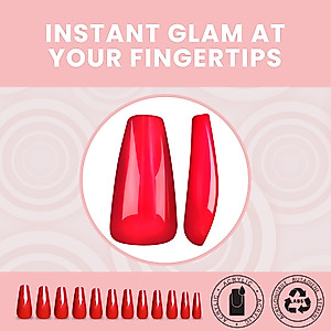 Allkem Press On Nails - Red Glossy Medium Long Tapered Ballerina | 10 sizes - 20 pcs Coffin Nail Kit with Glue