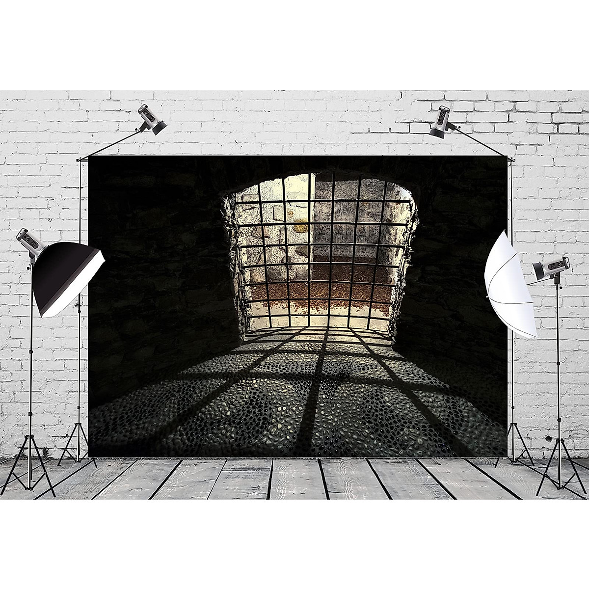 CORFOTO 5x3ft Fabric Medieval Jail Cell Backdrop for Photography Prison Window Light Background Old Dungeon Cell Party Decorations Murder Mystery Party Backdrop Photoshoot Booth Studio Props