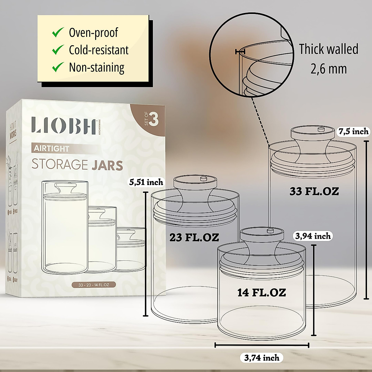 SET OF 3 Glass Storage Jars with Airtight Lids - Kitchen Storage Containers - Preserve Food Freshness by Expelling Excess Air - Pantry Borosilicate Glass Canisters - Coffee Beans - Nuts .. 33,23,14 OZ