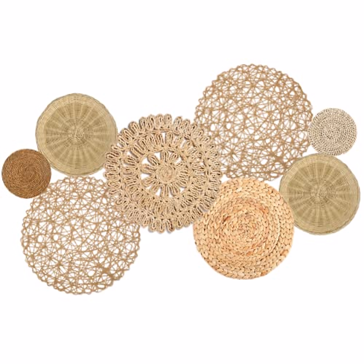 Boho Wall Basket Decor set of 8 (Size: 4.3"-15"), Handmade Boho Wall Baskets Decor, Woven Seagrass Wicker Rattan Flat African Baskets Wall Hanging Decor