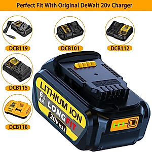 LONG FIT 2 Packs Replace for DeWalt 20v Battery 6.0Ah (DCB206), Replace for DeWalt Battery 20V Max DCB205-2 DCB206 DCB180 DCB204 DCB203 DCB20, Compatible with DeWalt 20V Cordless Power Tools