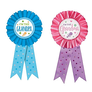Blue I Am The Grandpa and Pink Grandma Ribbons - 2 Award Pins | Perfect for Baptism, Christening, Baby Showers, Gender Reveals Party, Baby Birth - Rosette Button Baby Name Celebration