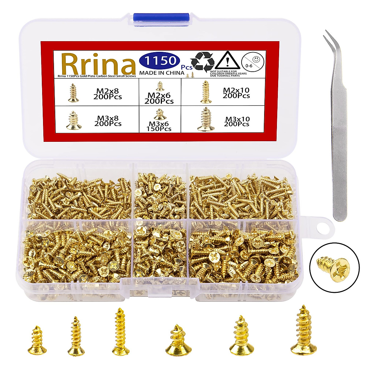 Rrina 1150Pcs M2 M3 Gold Plate Carbon Steel Small Screws Phillips Flat Head Cross Self Tapping Tiny Screw Cabinet Electronic Accessories Screw DIY Micro Woodworking Mini Screw Assortment Kit