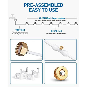 homenote Misting Cooling System 59FT (18M) Misting Line + 16 Brass Mist Nozzles + a Metal Adapter(3/4”) Outdoor Trampoline Sprinkler Mister Patio Garden Greenhouse for Waterpark