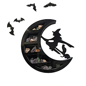A/R Witch on The Moon Crystal Shelf, Wooden Crystal Display Shelf PVC Moon Shelf Black Witch Design Crystal Display Shelf Gothic Decorations for Living Room