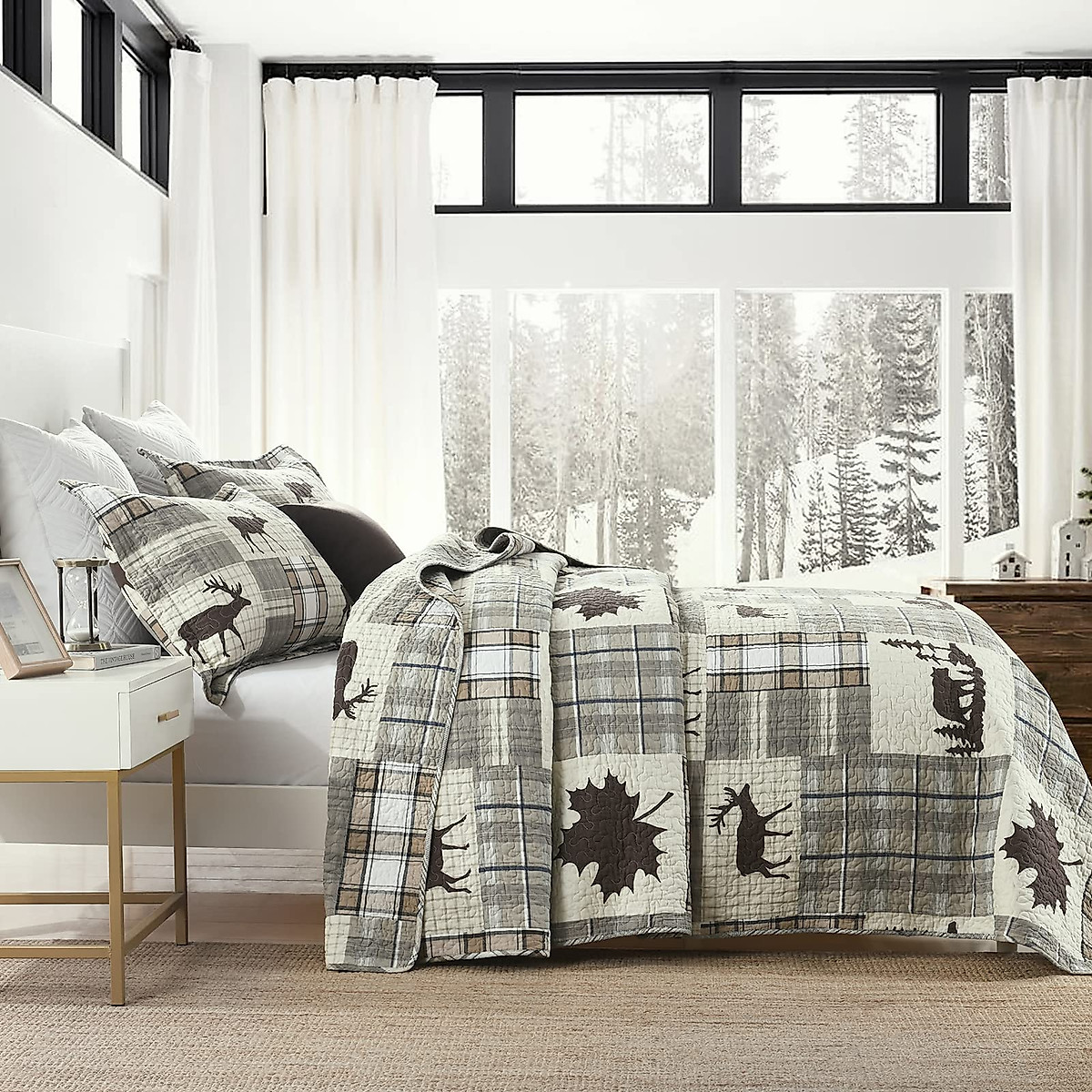 SahSahCasa Quilt Queen Size, 100% Cotton Quilt, Rustic Lodge Farmhouse Queen Quilt Bedding Set Bedspread, Reversible Lightweight Cabin Patchwork Plaid Comforter for Queen Bed, Brown/Cream, 3-Piece