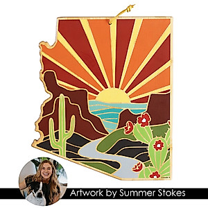 Totally Bamboo Arizona State Shaped Cutting Board and Charcuterie Serving Platter with Artwork by Summer Stokes, Includes Hang Tie for Wall Display