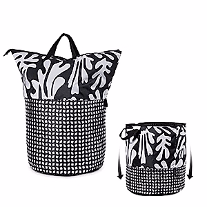 YOHOM Round Laundry Basket with Zipper, Adjustable Clothes Hamper Stand-up Hamper Retractable Laundry Bag for College Dorm, Bedroom, Bathroom, Kids Room (Black Floral, Large)