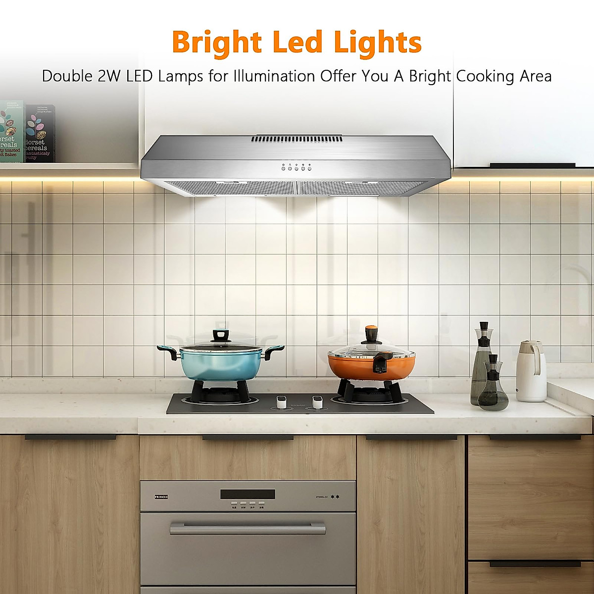 Upgraded 600 CFM Range Hood 30 inch, Under Cabinet Range Hood for Duct/Ductless Convertible, Stainless Steel Kitchen Stove Vent with 3 Speed Kitchen Exhaust Fan and Two Bright Energy-Saving LED