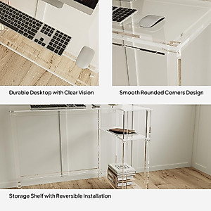 Eglaf Acrylic L-Shaped Desk - Clear Desk with Reversible Storage Shelves - Modern Home Office Desk Corner Desk for Study, Writing, Rectangular Legs, Easy Assembly, 39.4" L x 27''W x 29.5" H