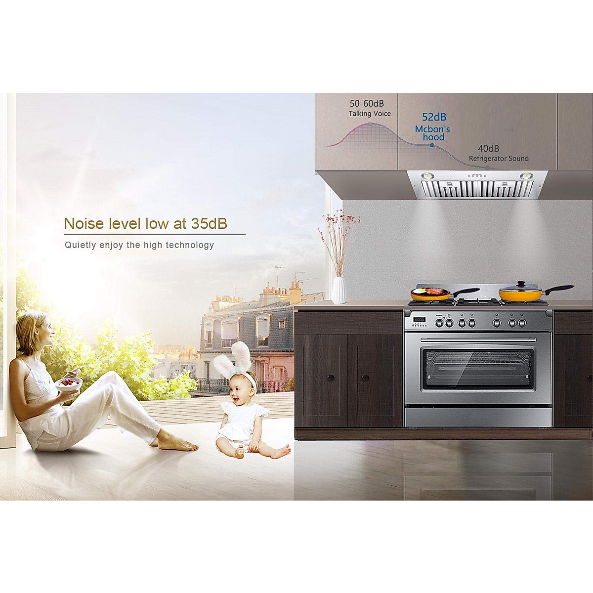 MCBON Range Hood Insert 36 inch, 600 CFM Vent Hood Insert, Ultra-quiet Range Hood Insert, Built-in Kitchen Hood, Insert Range Hood, Stainless Steel range hood, IE71-36