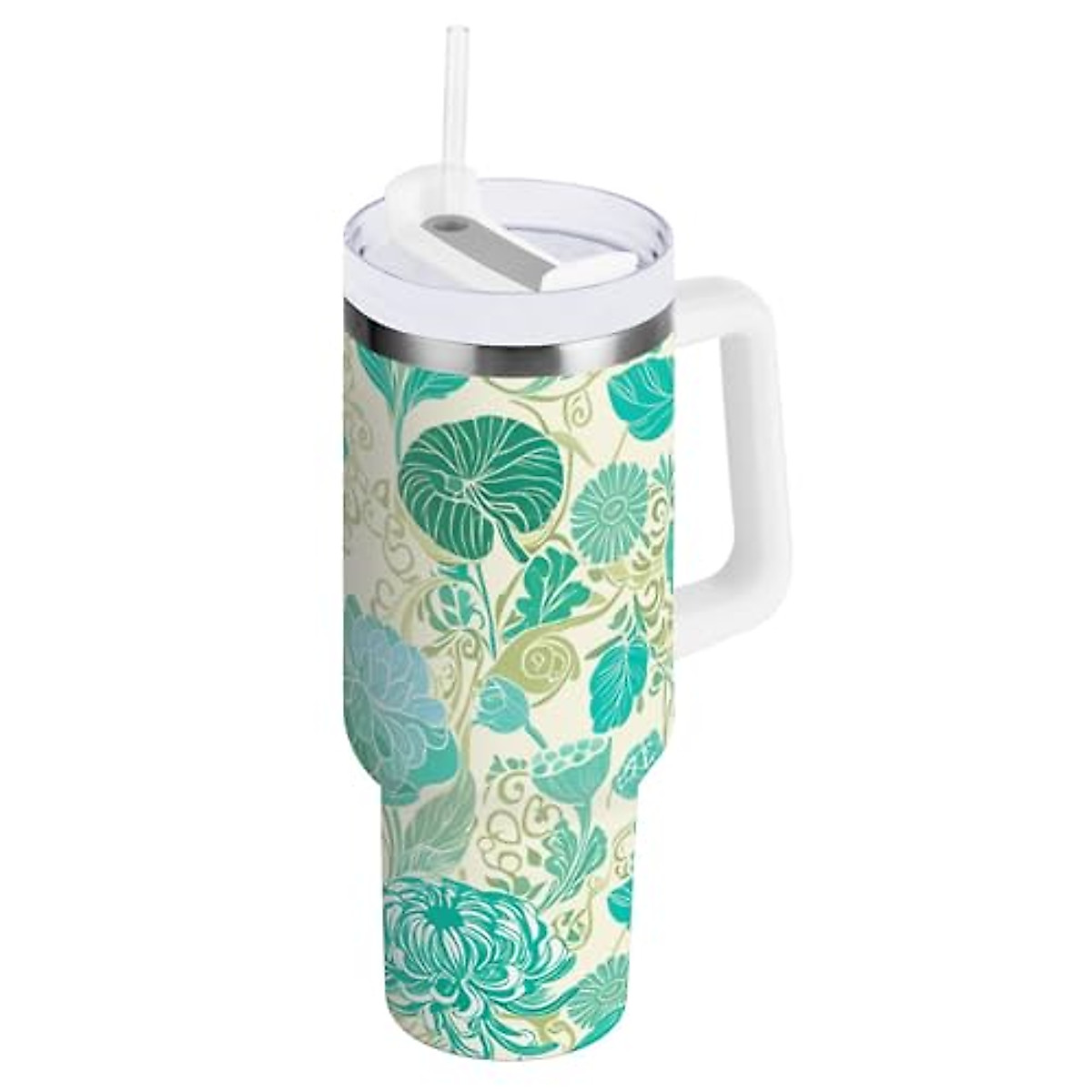 Vacuum Insulated Tumbler 30 Oz with Handle and Straw Lid, Retro Teal Floral