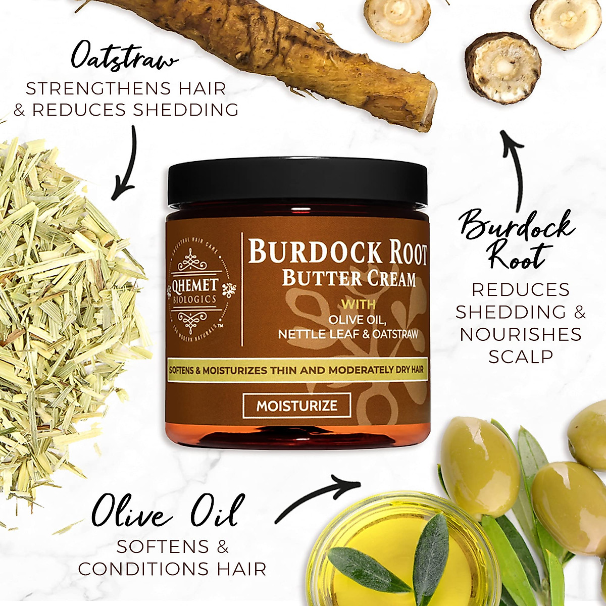 Qhemet Biologics Burdock Root Butter Cream - Leave-In Moisturizer for Low Porosity Hair - Helps Soften and Smooth Dry, Brittle Edges - Conditioning Botanicals to Nourish Scalp (8.5 oz)