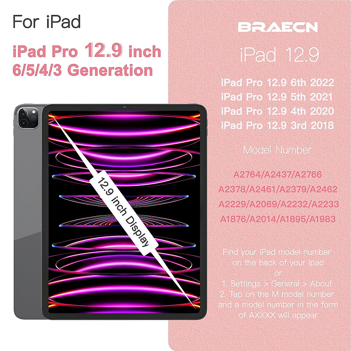 BRAECNstock Kids Case for Apple iPad Air 13 inch (M3/ M2)/ Pro 12.9 inch 6th/5th/4th/3rd Geneation, Shockproof Protective Case with Pencil Holder, [360° Rotating Hand Strap + Stand], Colorful Pink