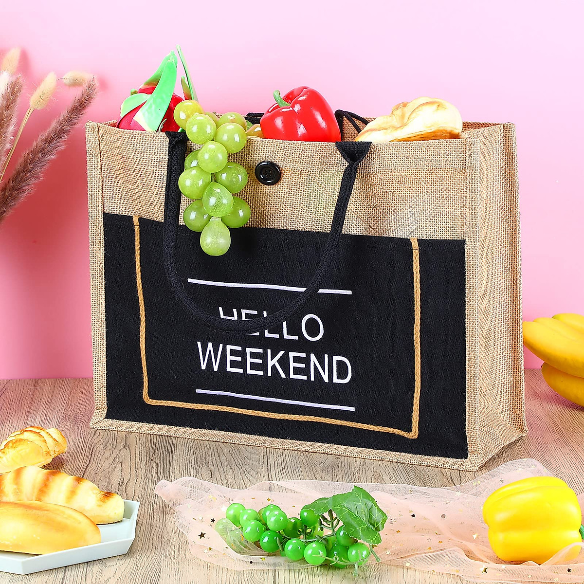 10 Pack Burlap Tote Bags with Handles Jute Tote Bag Large Weekend Burlap Beach Bag Gift Bags Waterproof Jute Bag for Travel(Black)