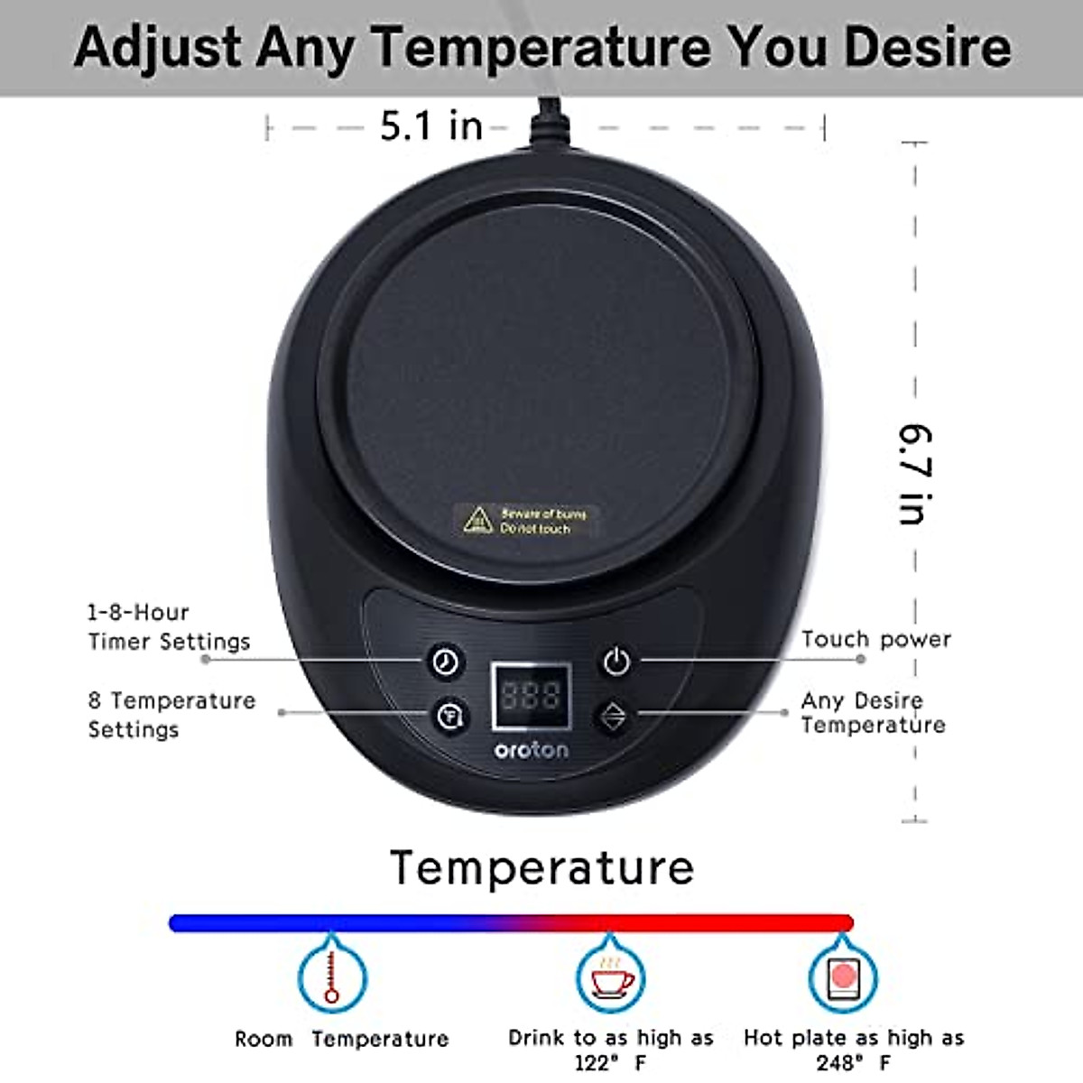 Oroton Coffee Mug Warmer&Cup for Office Desk Use,1-8 Hour Timer Settings,Electric Beverage Warmer with 8 Temperature Settings, Coffee Warmer Plate for Cocoa Tea Milk with Auto Shut Off