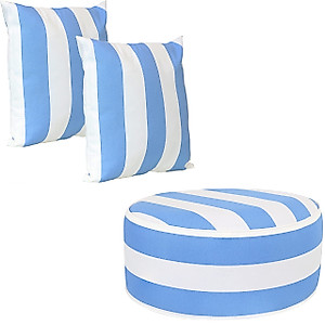 Sunnydaze 17-Inch Square Beach-Bound Stripe Indoor and Outdoor Decorative Throw Pillows Set of 2 with Zipper Closures and Inserts and Indoor and Outdoor Inflatable Ottoman Bundle
