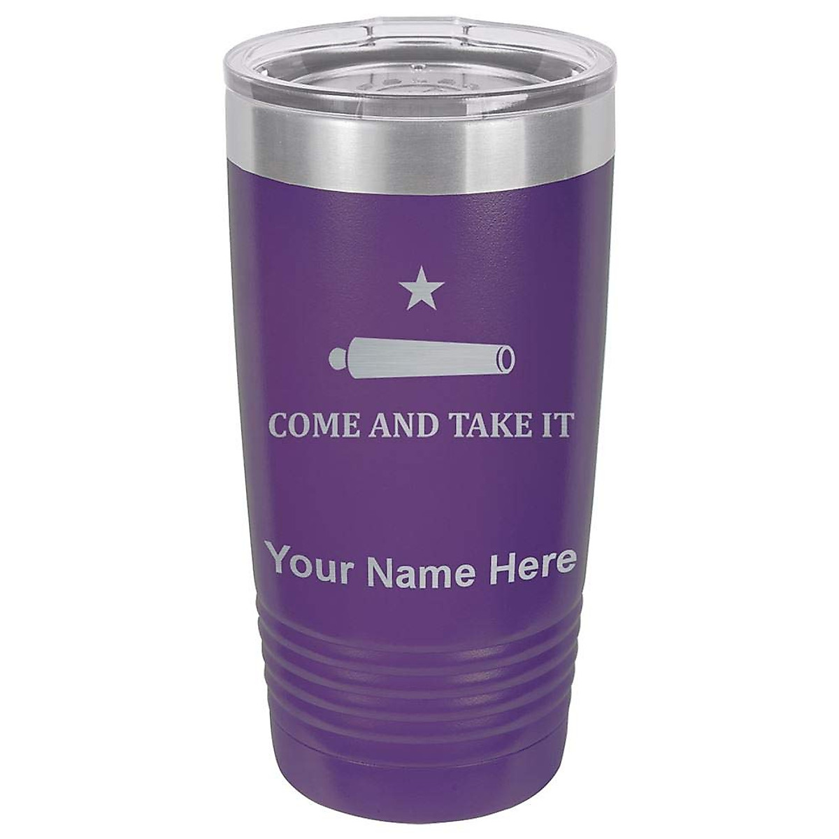 LaserGram 20oz Vacuum Insulated Tumbler Mug, Texas Come and Take It Flag, Personalized Engraving Included (Dark Purple)