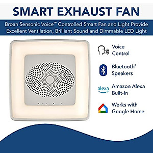Broan-NuTone VC110CCT Sensonic Alexa Voice Controlled Smart Exhaust Fan with Dimmable LED Light and Bluetooth Speakers, 110 CFM