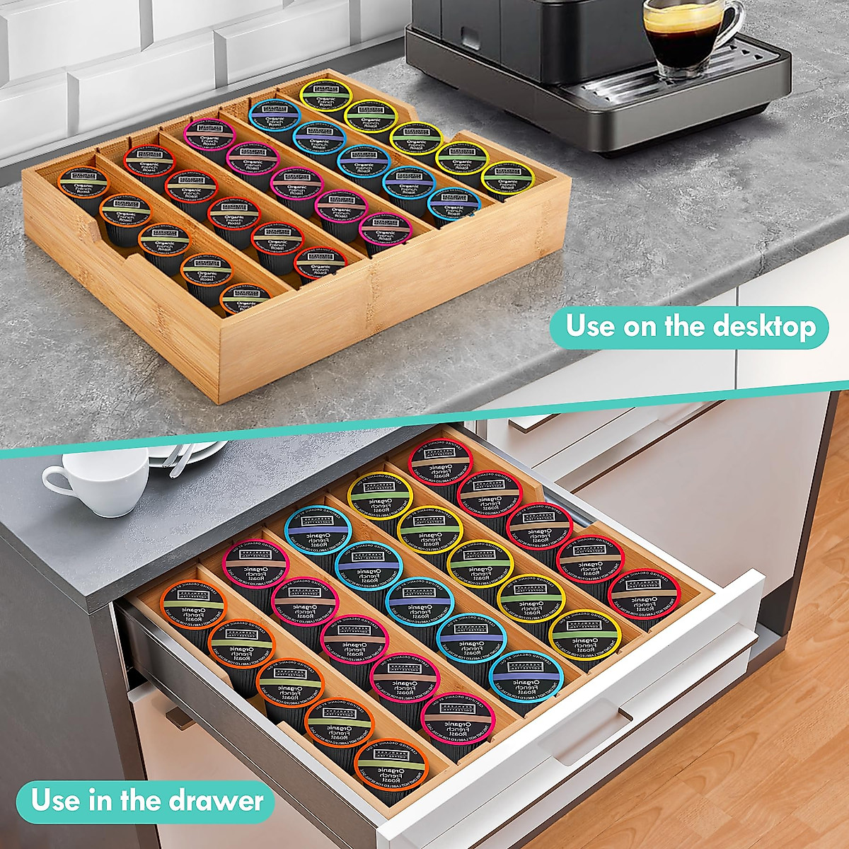 TRUSBER Bamboo K Cup Holder for Counter, Coffee Pod Drawer Organizer Compatible with Nespresso Vertuo Capsules, 25-36 K Cup Drawer Organizer for Coffee Station Home and Office K Cup Storage