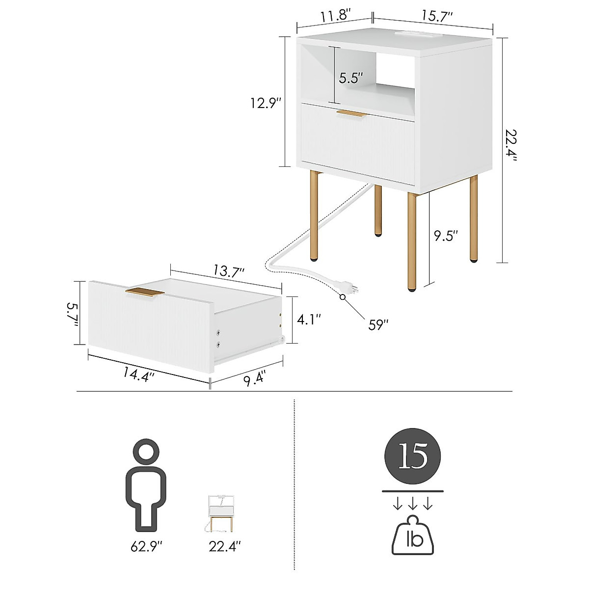 Aobafuir Nightstand with Charging Station, Drawer Dresser for Bedroom, Small Side Table with Drawer, Night Stand, End Table with Gold Frame for Bedroom, Living Room, Stripe White